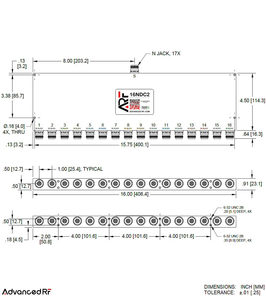 16-WAY POWER DIVIDER/COMBINER, DC BLOCK, N, 16NDC2