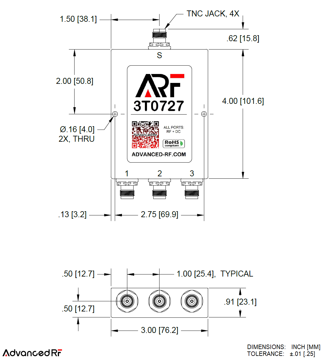 3-WAY RF SPLITTER/COMBINER, TNC, 3T0727