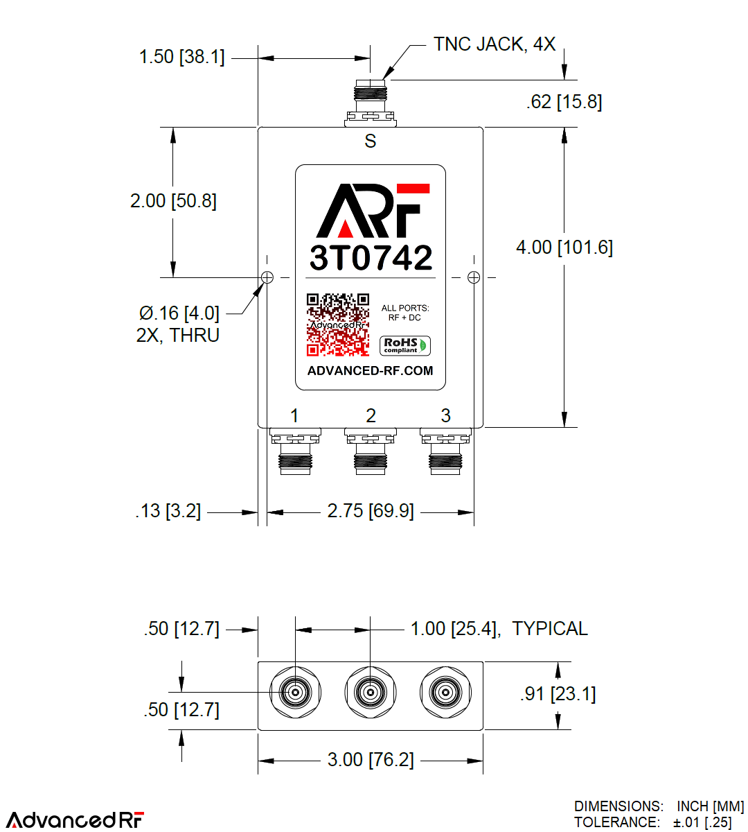 3-WAY RF DIVIDER/COMBINER, TNC, 3T0742